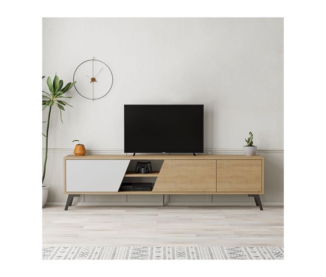 Mueble de TV 3 puertas y 2 nichos decorados en roble y blanco L180 cm ...