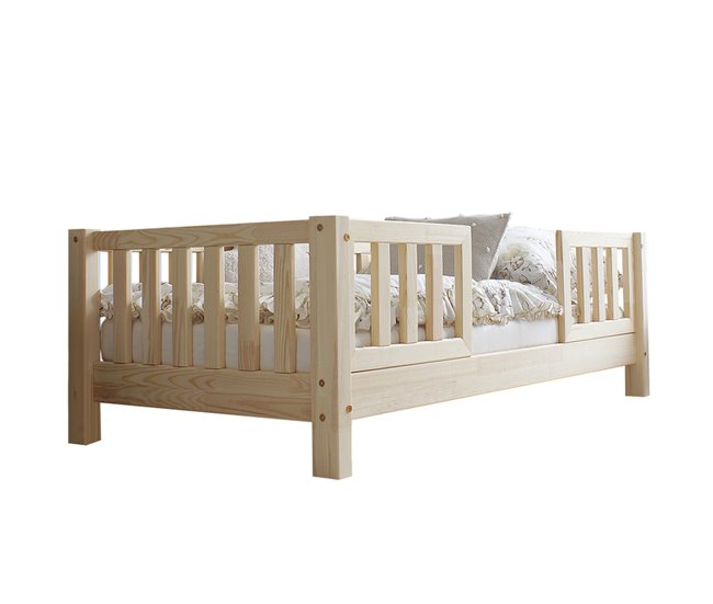Cama 90x190 con barandilla y somier patas de 10 cm Agnès Madera - Conforama