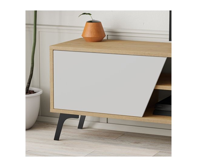 Mueble de TV 3 puertas y 2 nichos decorados en roble y blanco L180 cm ...