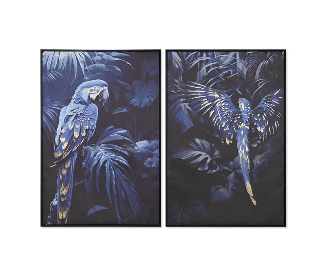 Cuadro Home ESPRIT Azul Negro Dorado Loro Tropical 83 x 4 x 123 cm (2 ...