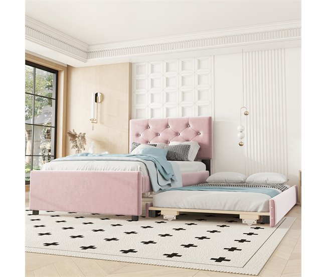 Cama individual 90x200cm en terciopelo - con cama nido - con somier de ...