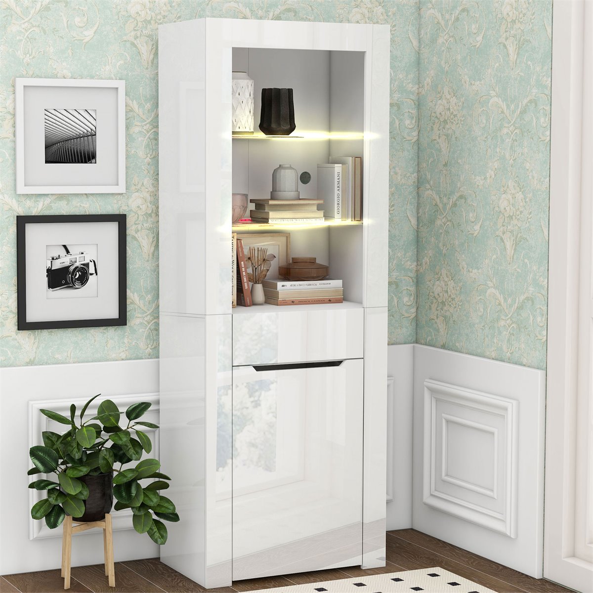 Vitrina con LED - Al. 165 cm - gran espacio de almacenamiento - Blanco ...