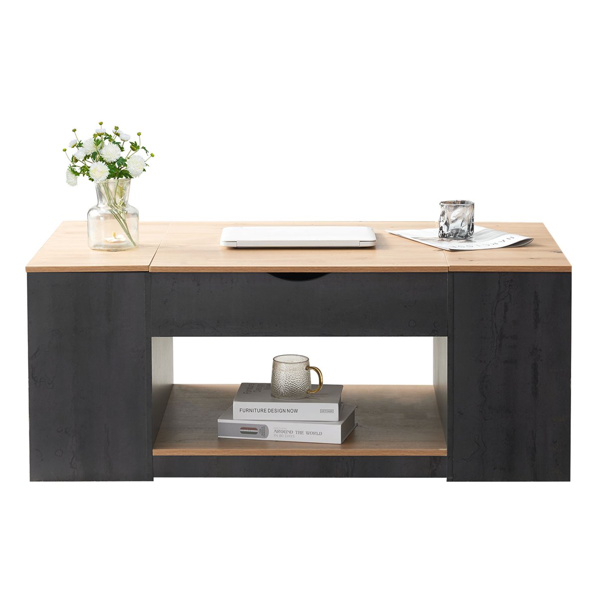 Mesa de centro elevable rectangular de mdf,negro+madera - Conforama