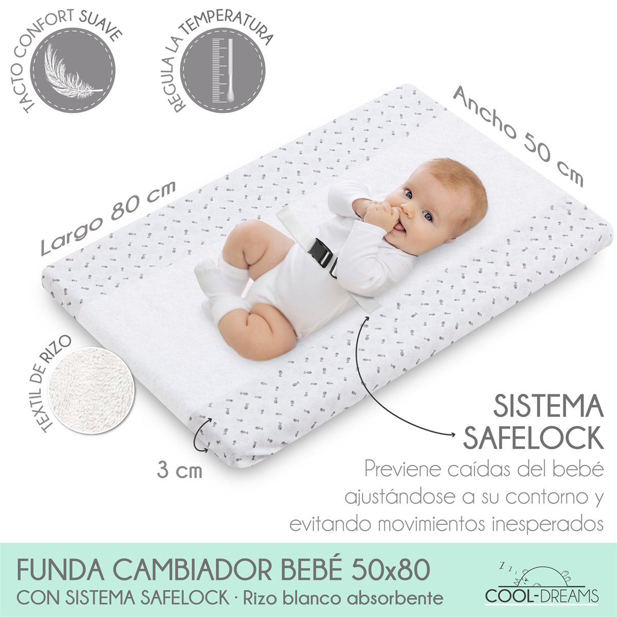 Funda cambiador bebé 50x80 de rizo blanco absorbente con Safelock (Grey ...