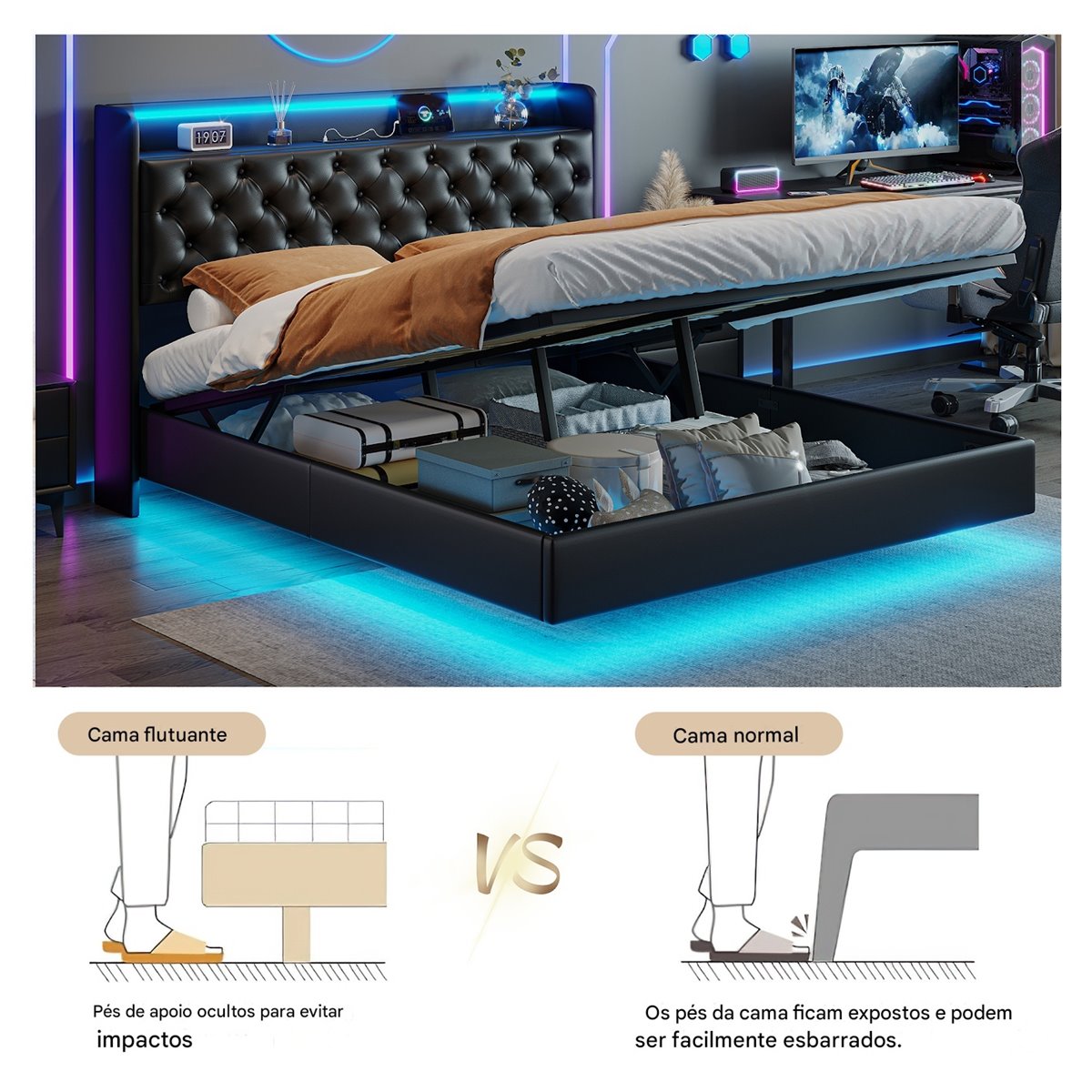 Cama flotante 140×200cm – Cuero PU, tiras de luz LED en el cabecero y la estructura – Con puerto ...
