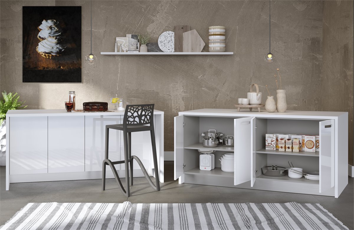 Isla de cocina GILDA ICE 180cm blanco y blanco brillante - Conforama