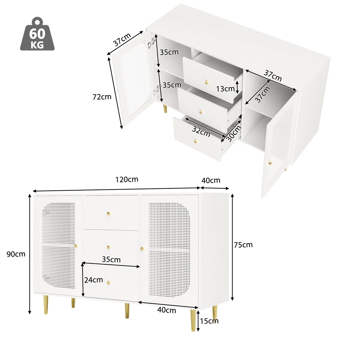 Buffer 2 puertas y 3 cajones - en MDF - Blanco - Conforama