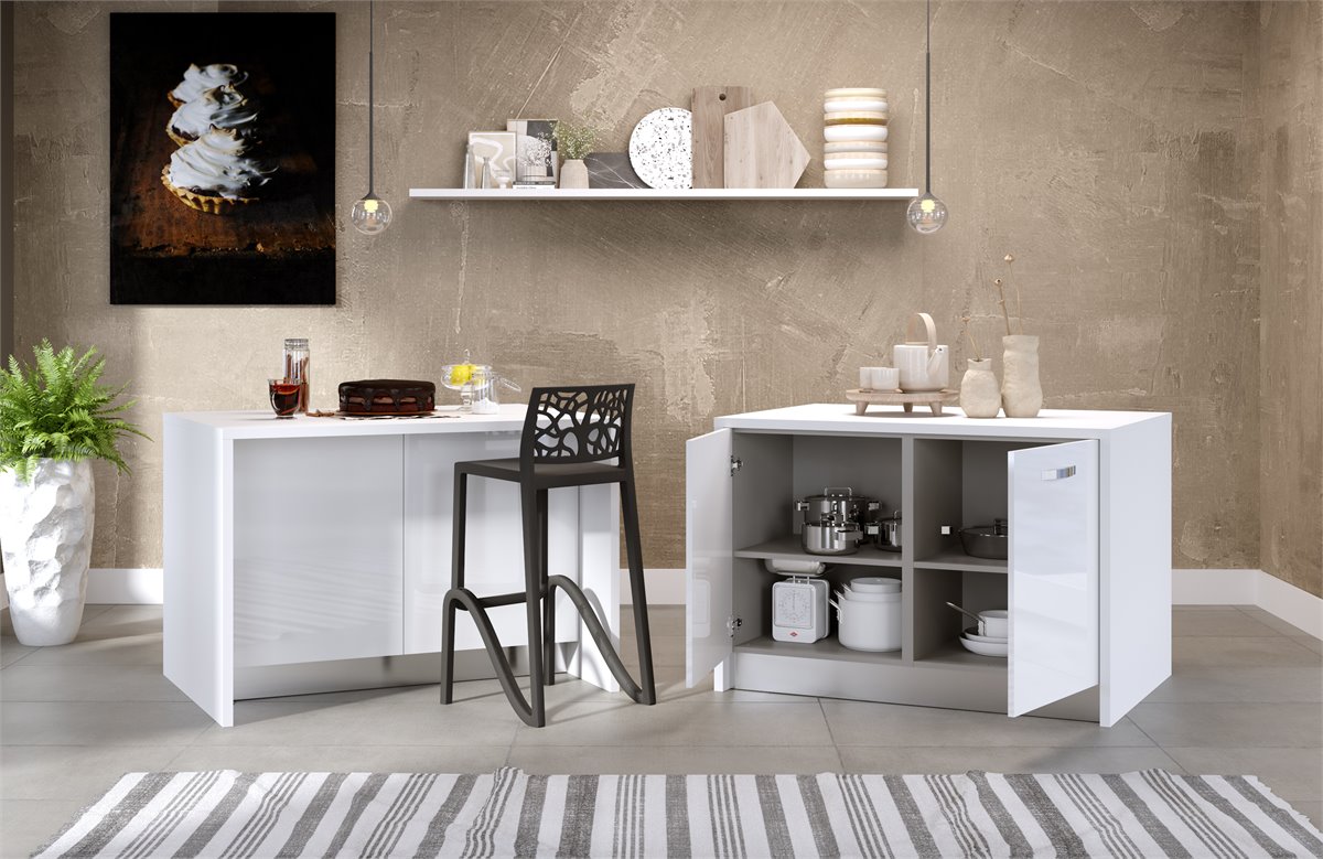 Isla de cocina GILDA ICE 120cm blanco y blanco brillante - Conforama