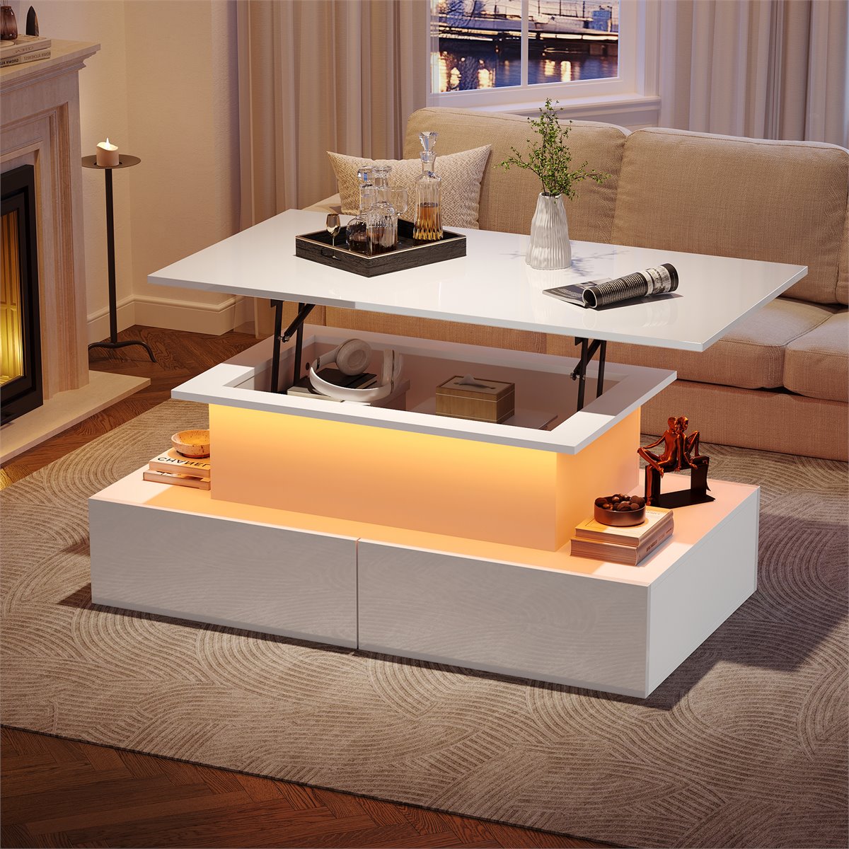 Mesa de centro elevable de alto brillo rectangular de panel de partículas con 4 cajónes y luz ...