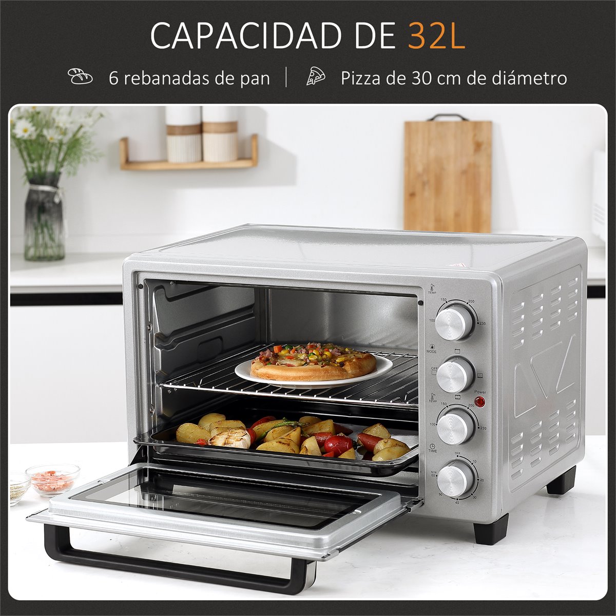 HOMCOM Mini Horno Eléctrico 32L 1600W Horno Eléctrico de Sobremesa con ...