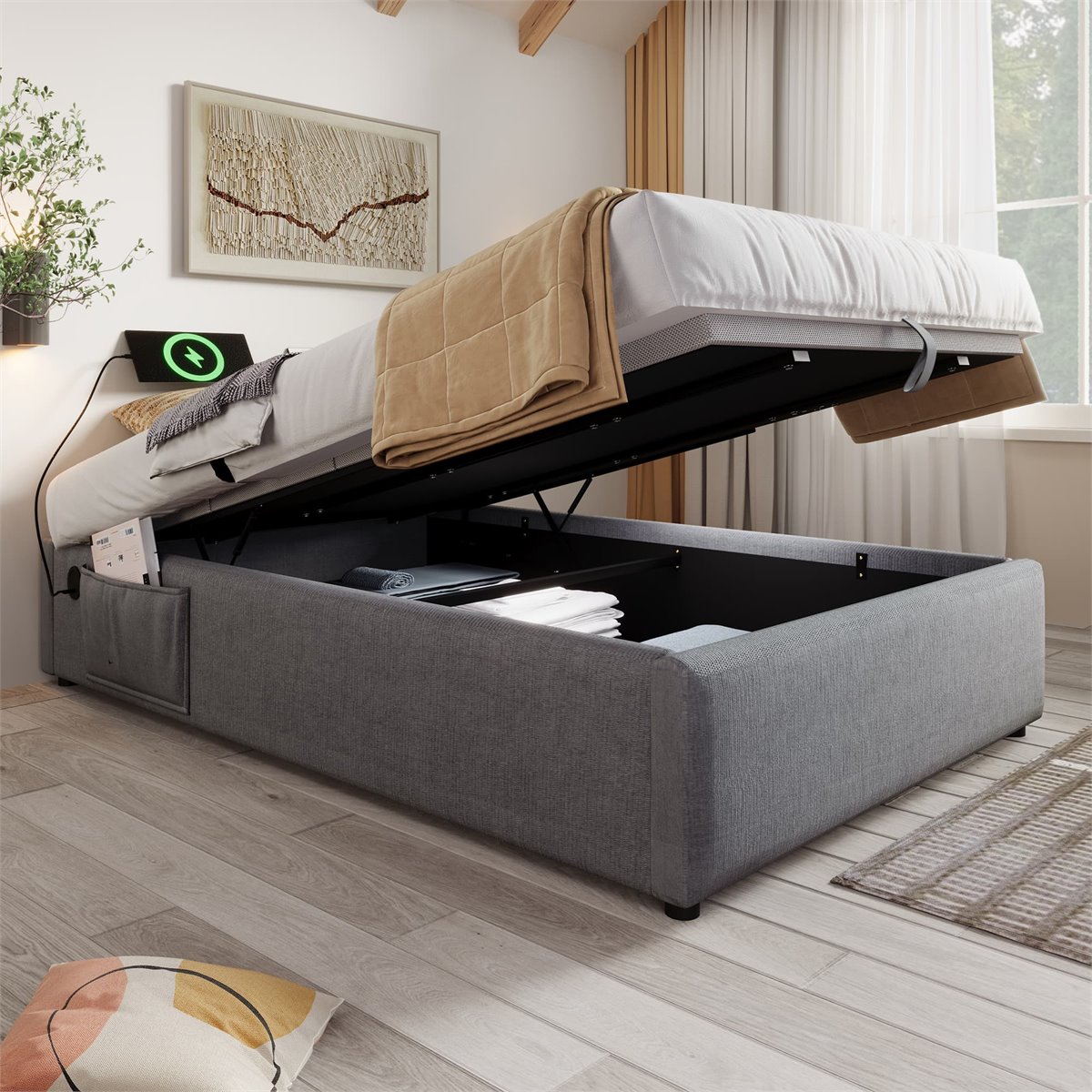 Cama Infantil 90x200 cm - Estante, Almacenaje Hidráulico, USB-C, con ...