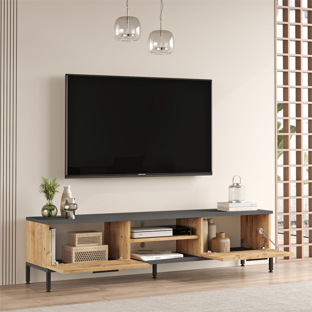 Mueble De Tv Amplio – 2 Puertas, Color Cambrian/Antracita, Base Negra ...