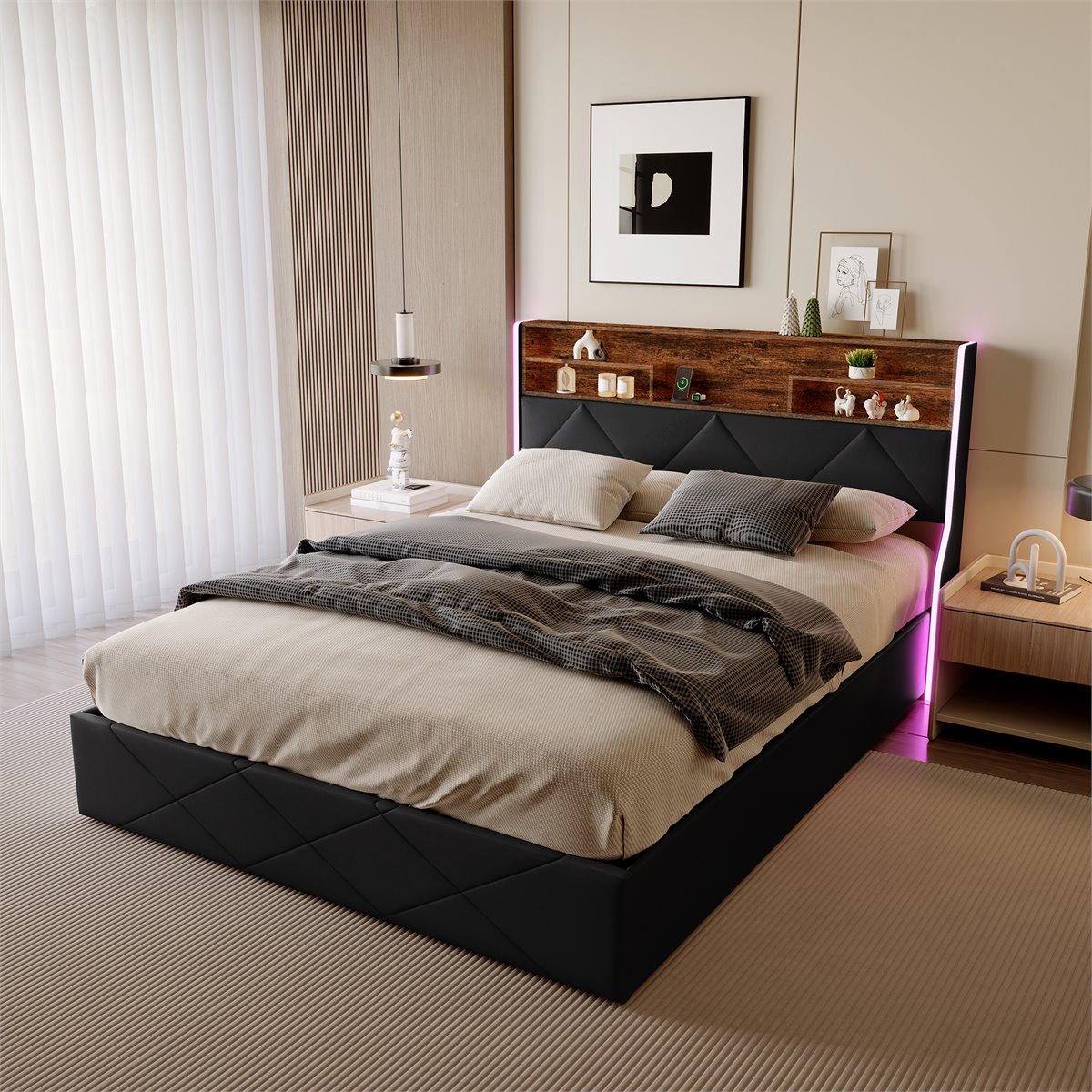 Cama hidráulica 160×200 cm, negro, cuero PU, cabecero con puerto USB y espacio de almacenamiento ...
