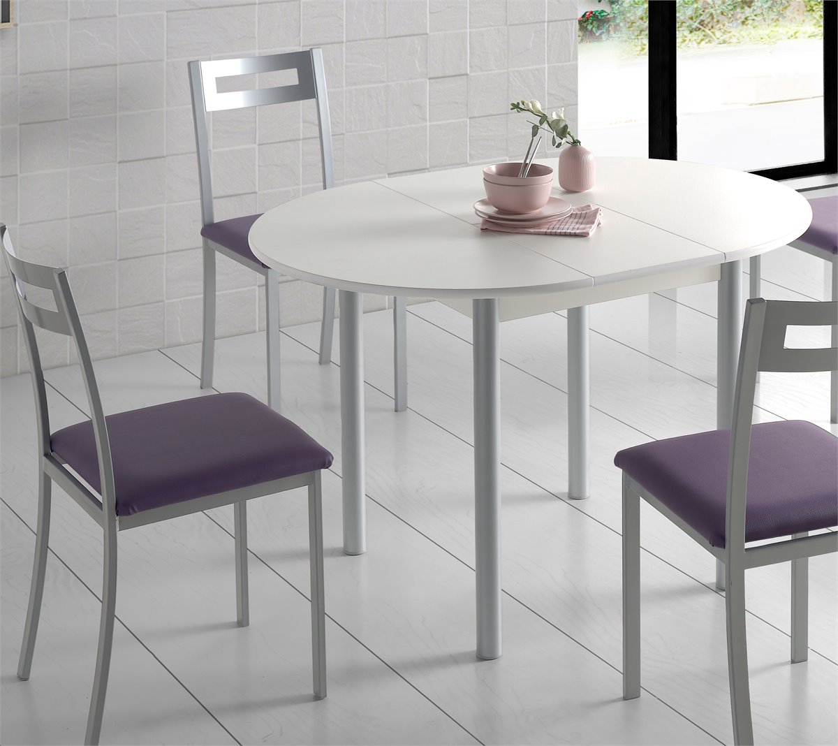 Mesa de Cocina Circular Extensible - Modelo AGOS - Sobre MDF - Patas ...