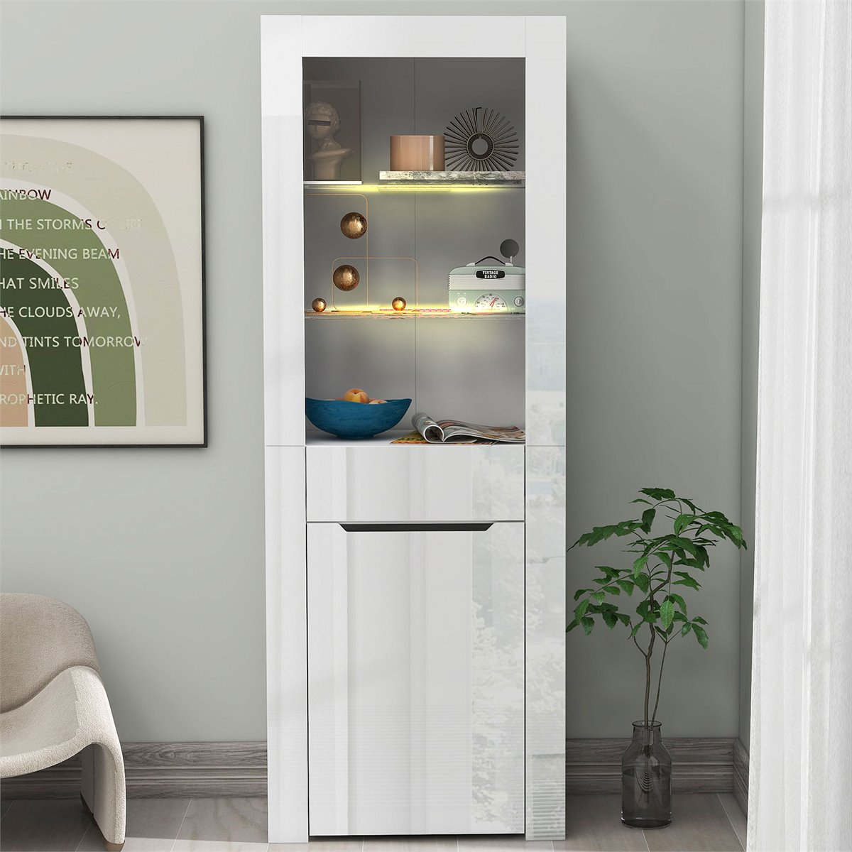 Vitrina con LED - Al. 165 cm - gran espacio de almacenamiento - Blanco ...