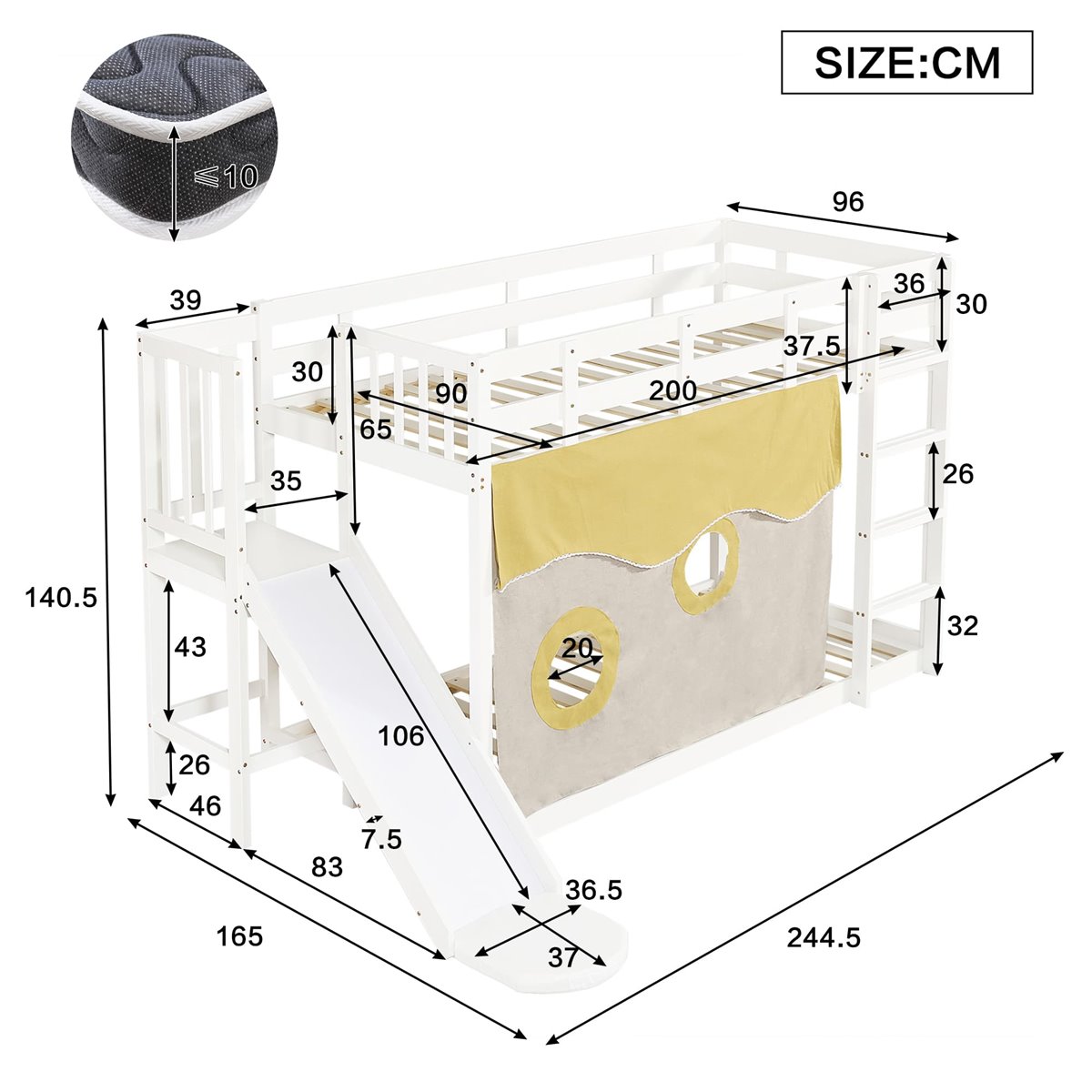 Cama litera 90x200 cm - con escalera, barandillas, cortina y tobogán ...