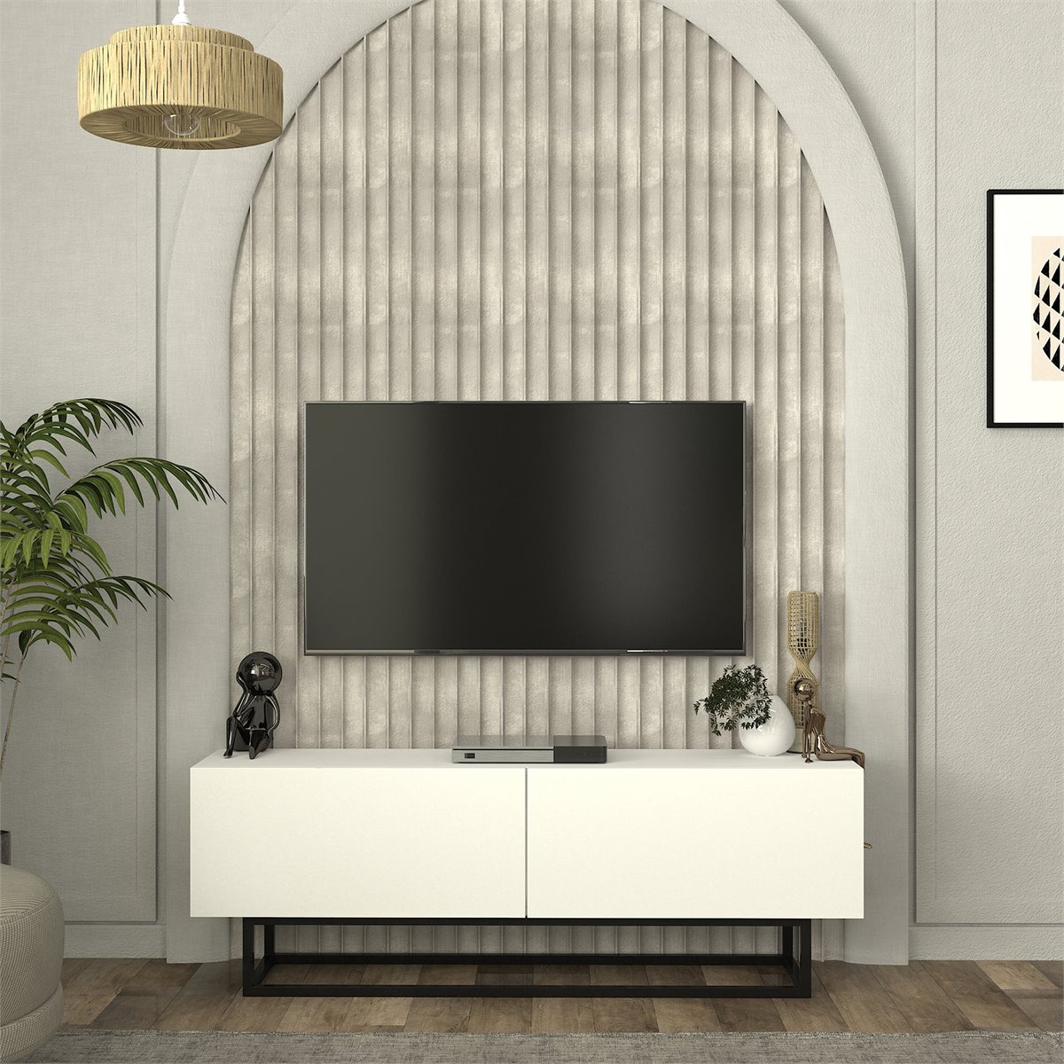 Mueble de TV Nolven con 2 puertas base corta 135x32x47 cm - Blanco [en.casa] - Conforama
