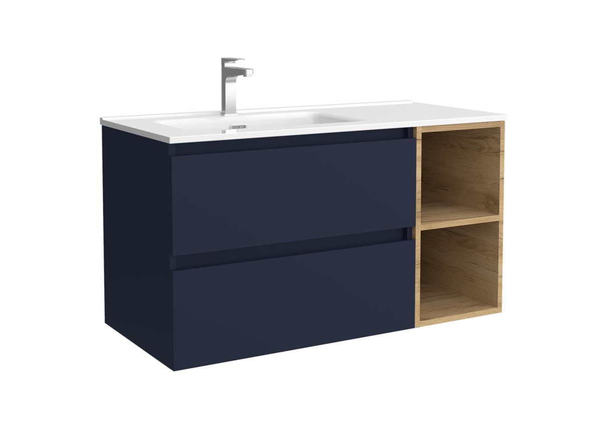 Mueble de Baño Bequia 100cm + coqueta 2 huecos Derecha + lavabo cerámica | Azul mate / Roble ...