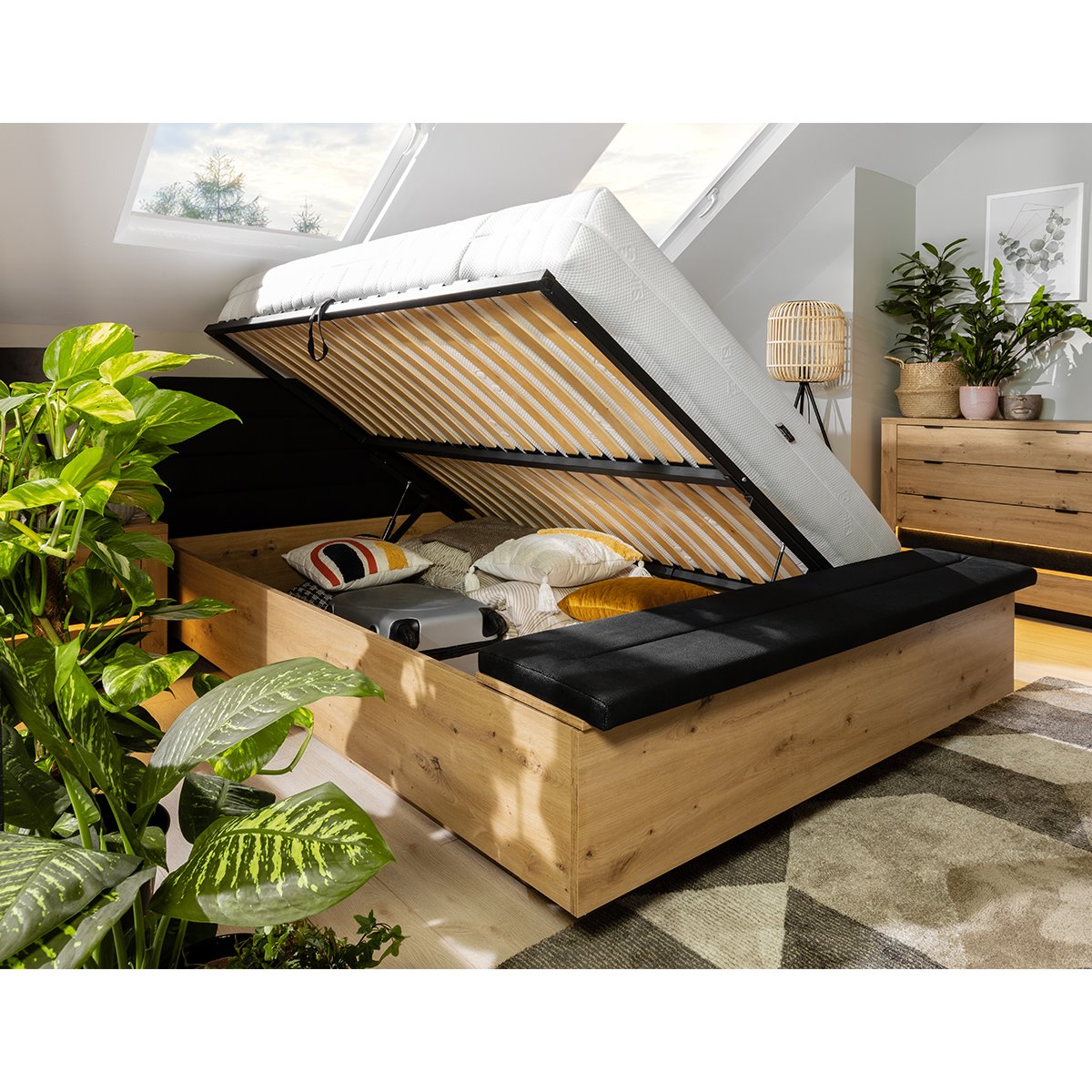 Cama canapé 140x200 con banco y somier incluido Glenn Madera y Negro ...