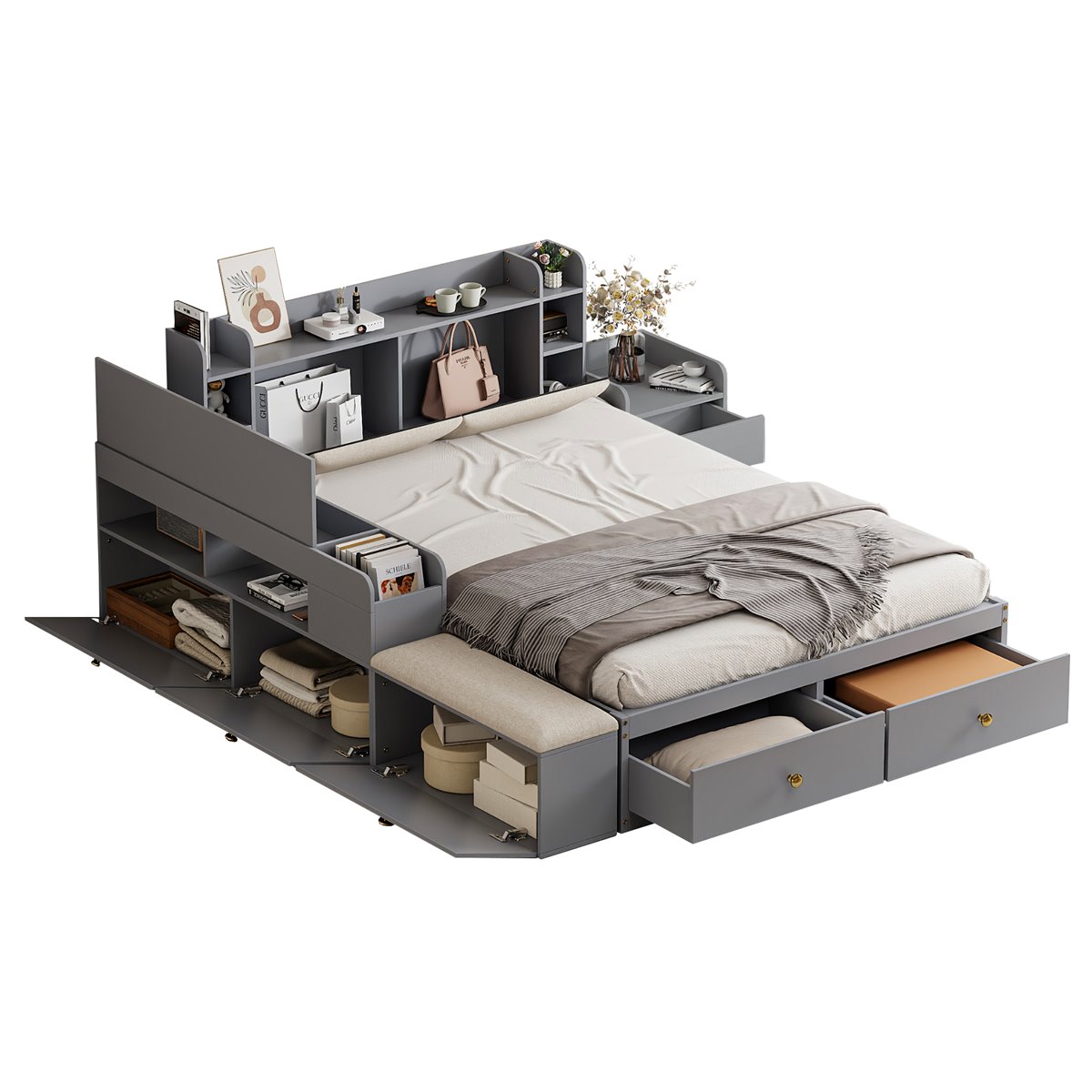 Cama combinada de madera maciza 140x200 cm - Cabecero con compartimento ...