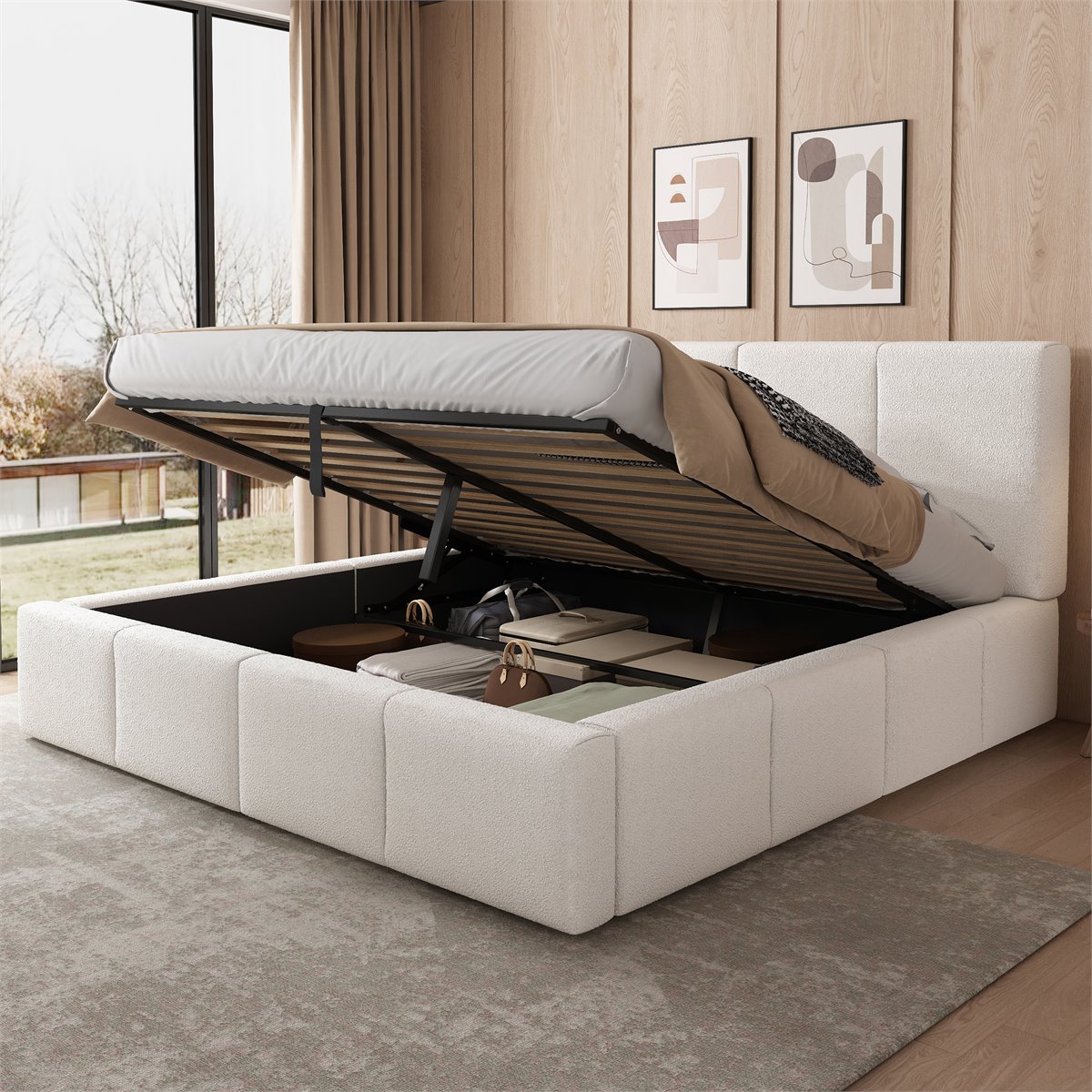 Cama de matrimonio de tela 180x200 cm con almacenaje,beige - Conforama