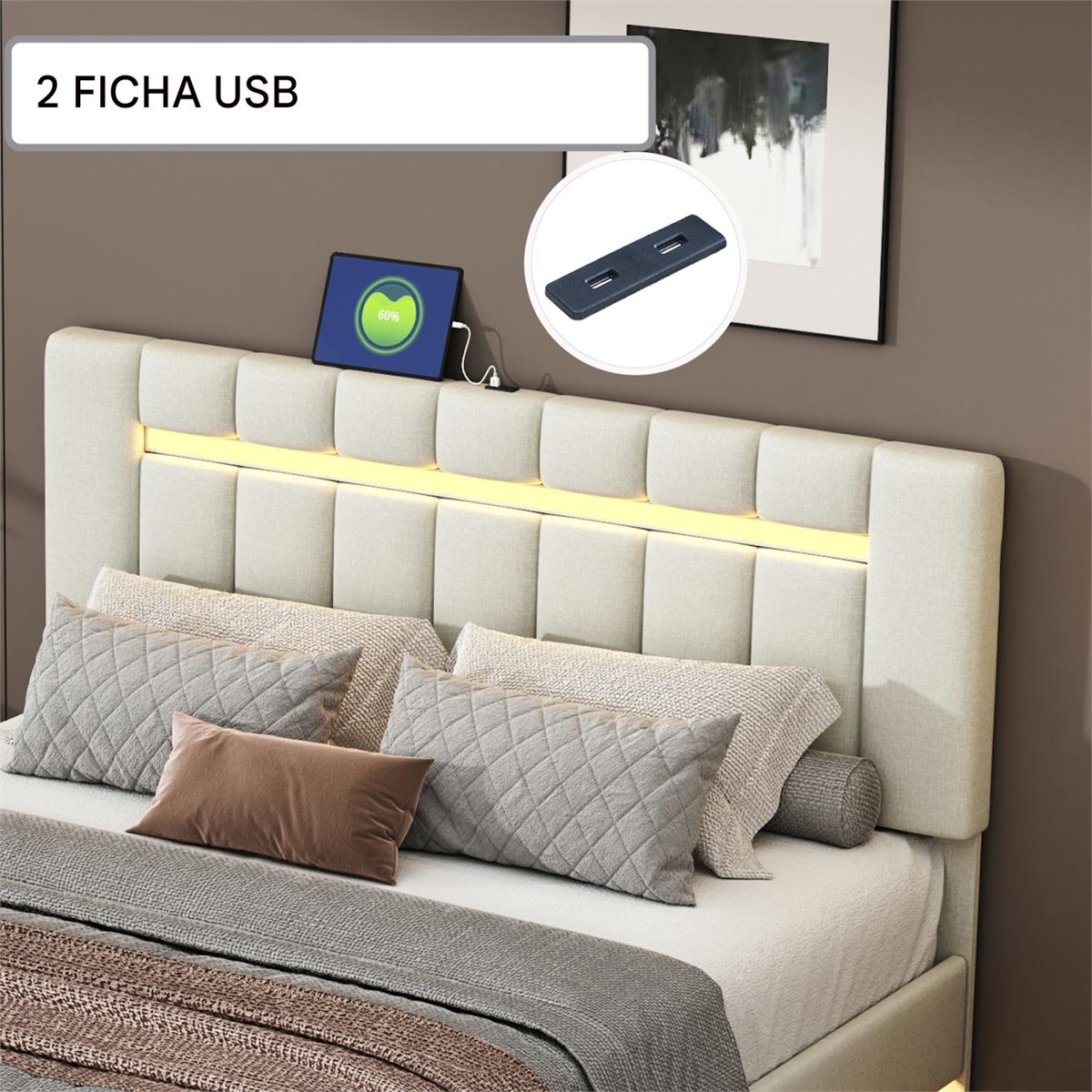Cama tapizada de 140 x 200 cm, estructura de cama flotante tapizada con ...