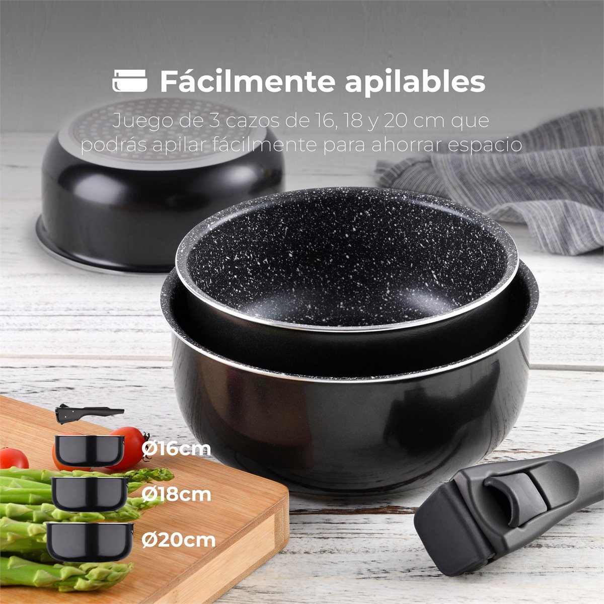 Set de 2 Sartenes Ø22Ø26cm con Mango extraíble color Verde + 3 Cazos ...