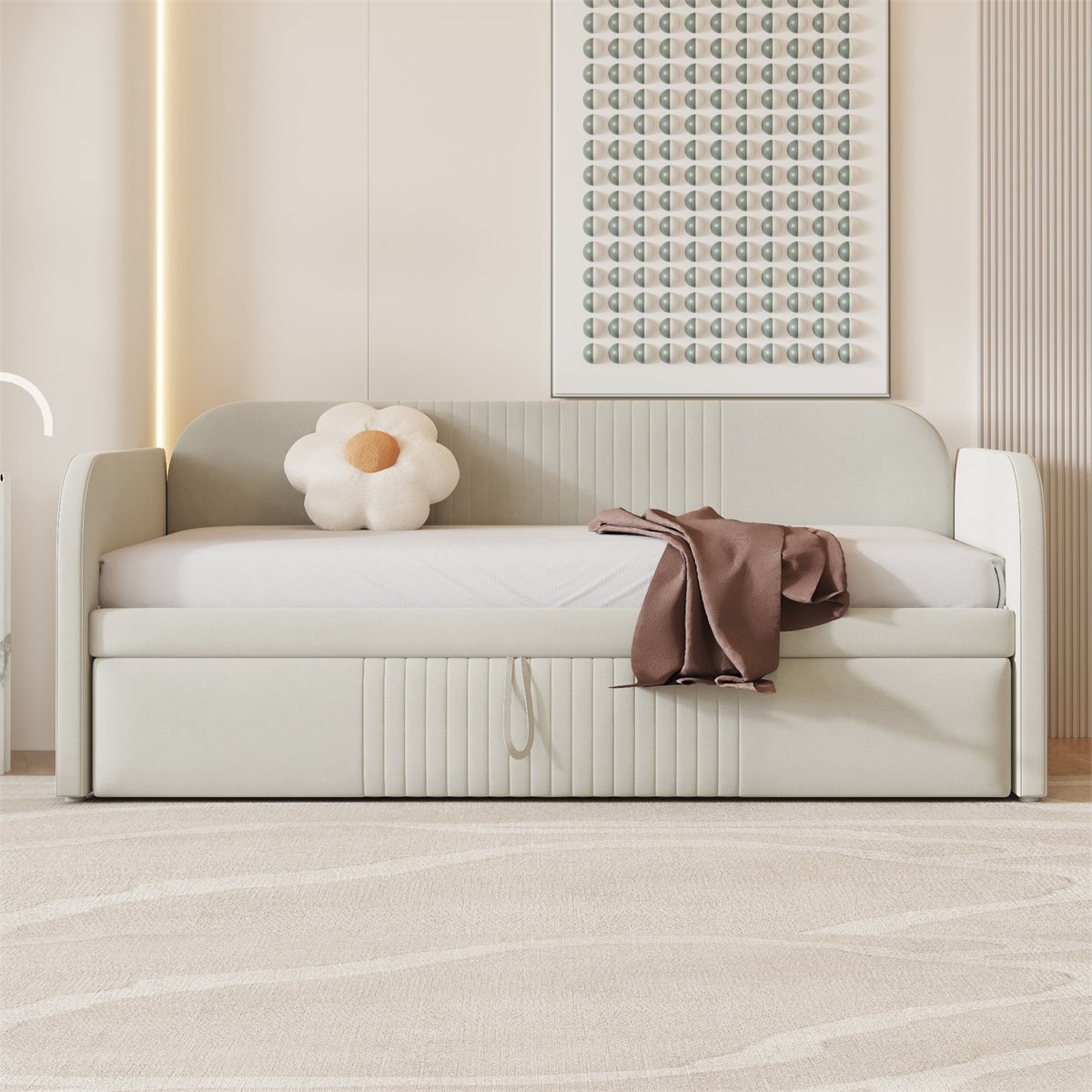 Cama nido 90/180x190 cm - sofá cama de tejido de lino - con somier - Beige - Conforama