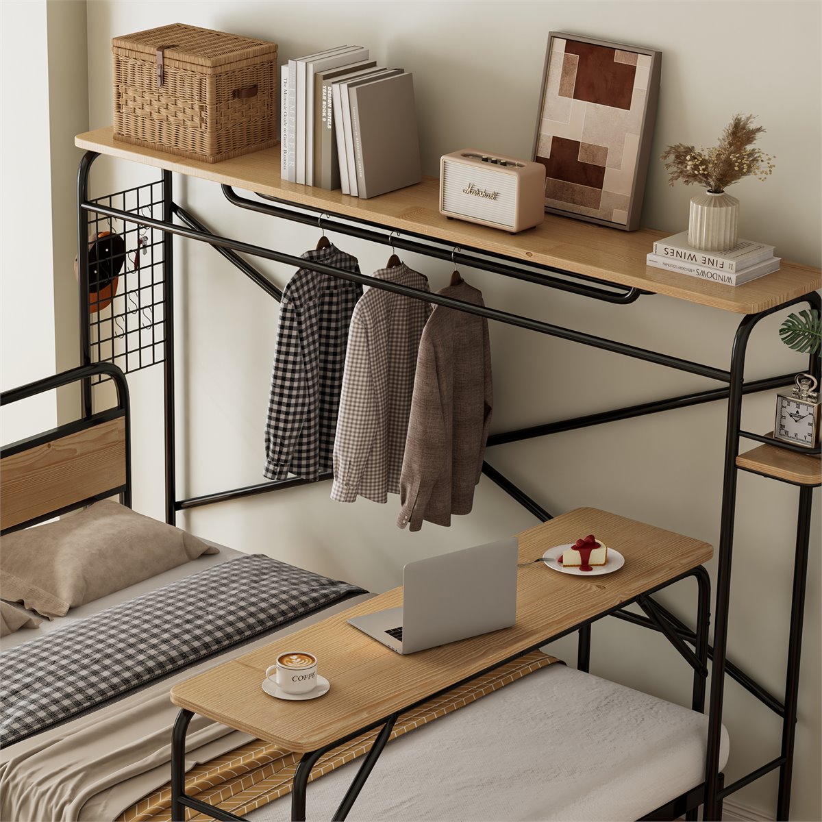 Cama 140x200 con mesa con ruedas y perchero - estructura metálica + MDF ...