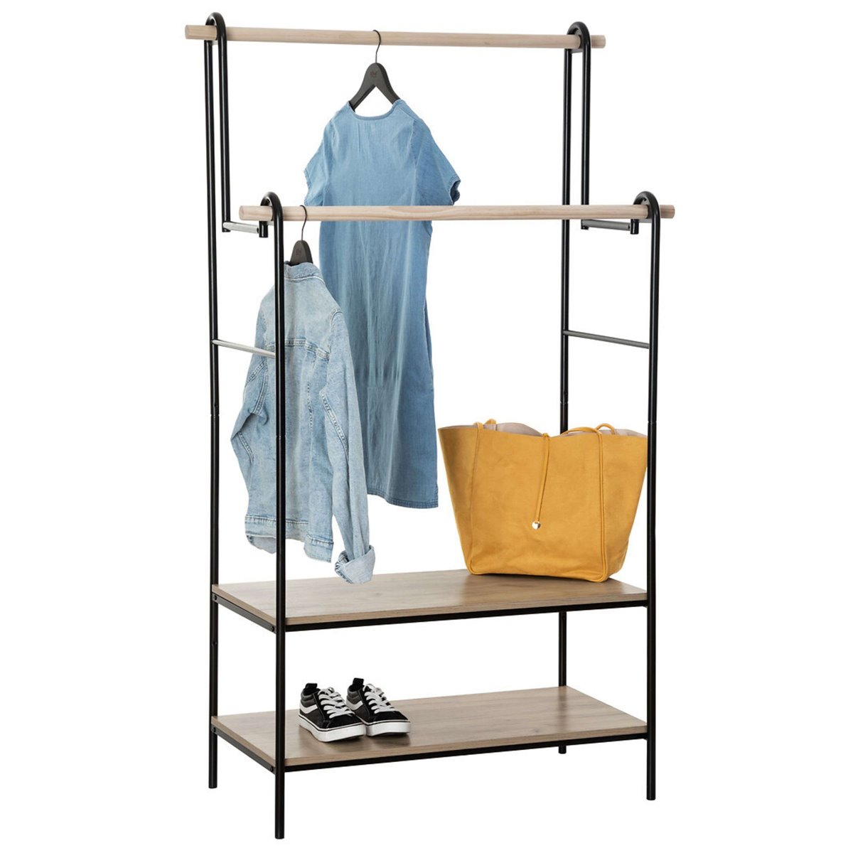 Burro de Ropa Doble 2 Estantes y 2 Barras Colgadoras Madera y Metal ...