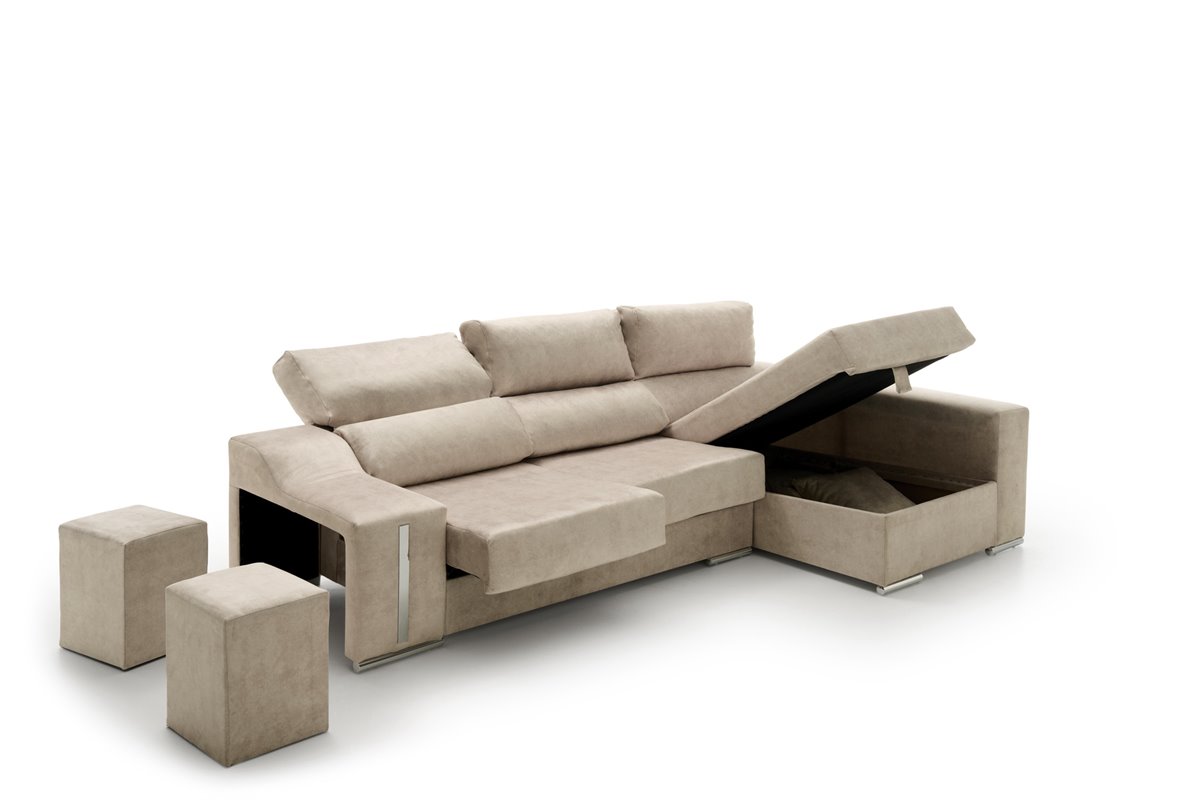 Sofa Chaise Longue Reclinable y Deslizante con Puffs Serena Alta Gama Beige Derecha - Conforama