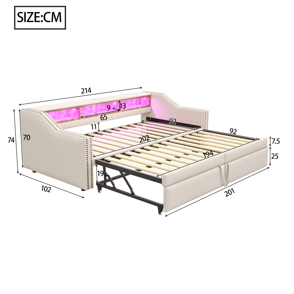Sofá cama extensible 90/180 x 200 cm - Multifuncional con almacenamiento, luz LED y puerto USB ...