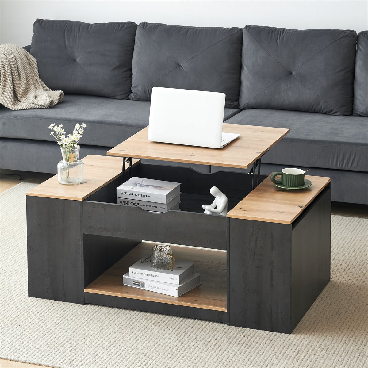 Mesa de centro elevable rectangular de mdf,negro+madera - Conforama